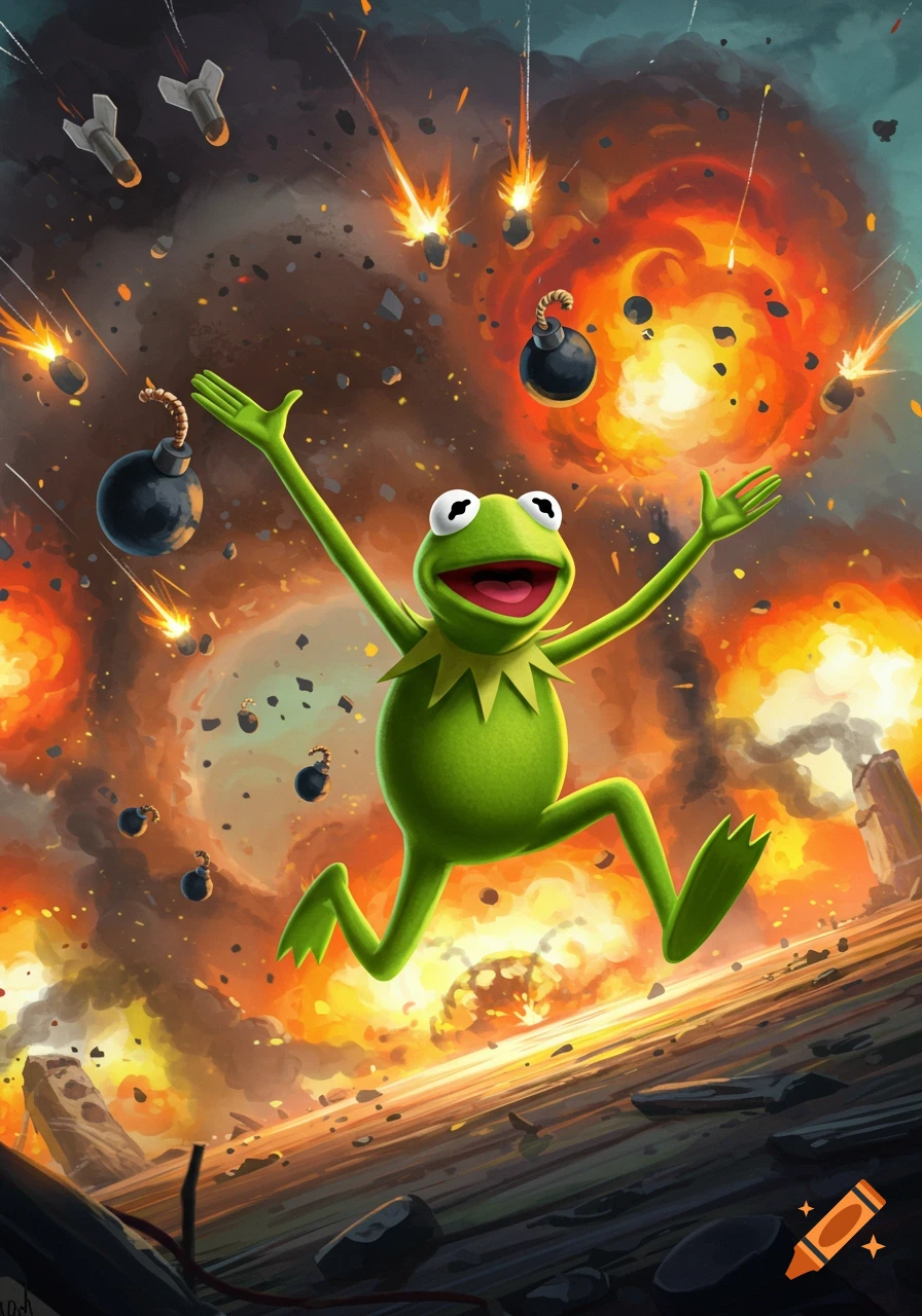 Kermit the Frog runs happily through explosions and falling bombs in a ...