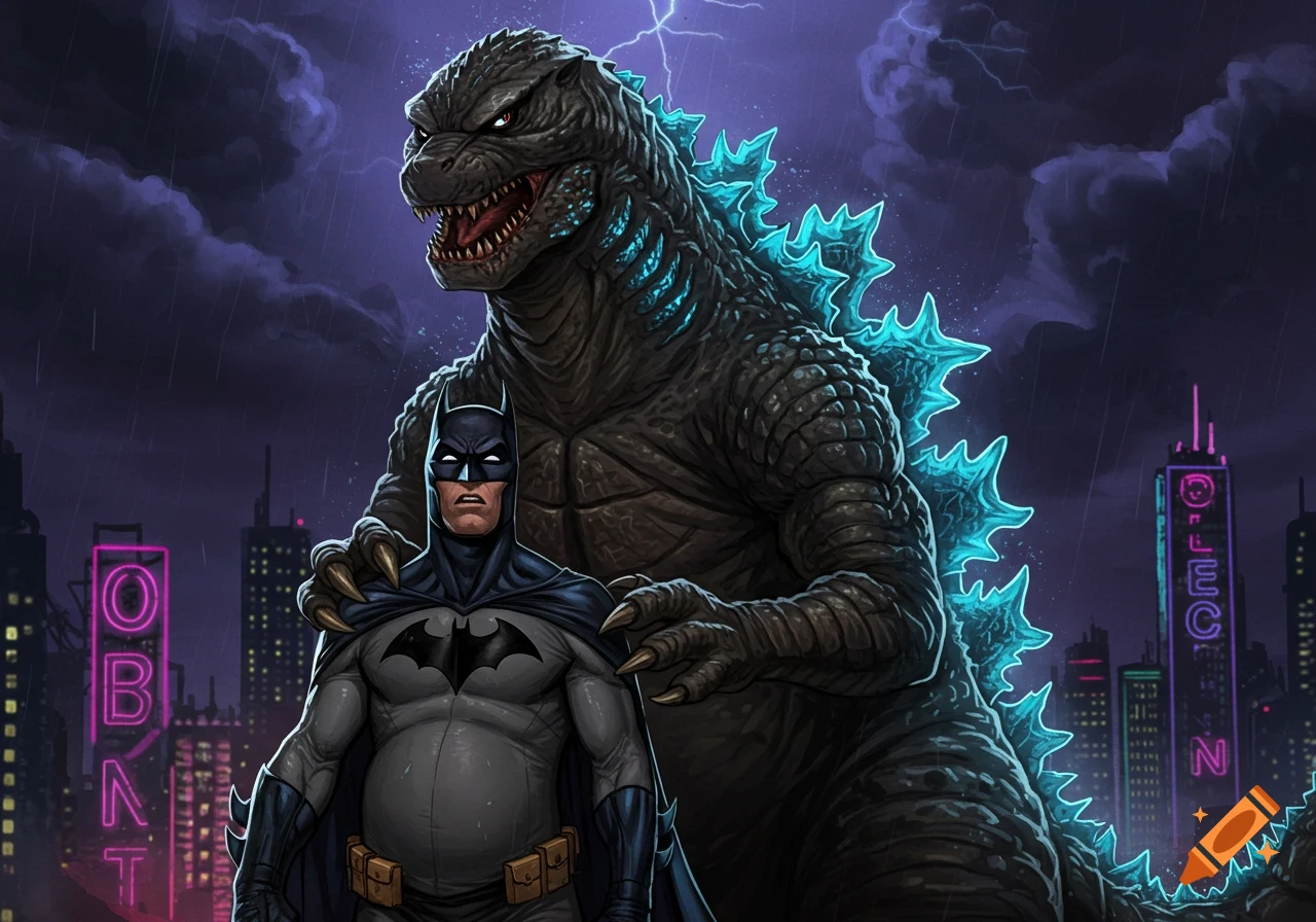 Illustration of pregnant Batman with Godzilla's arm around him in a ...