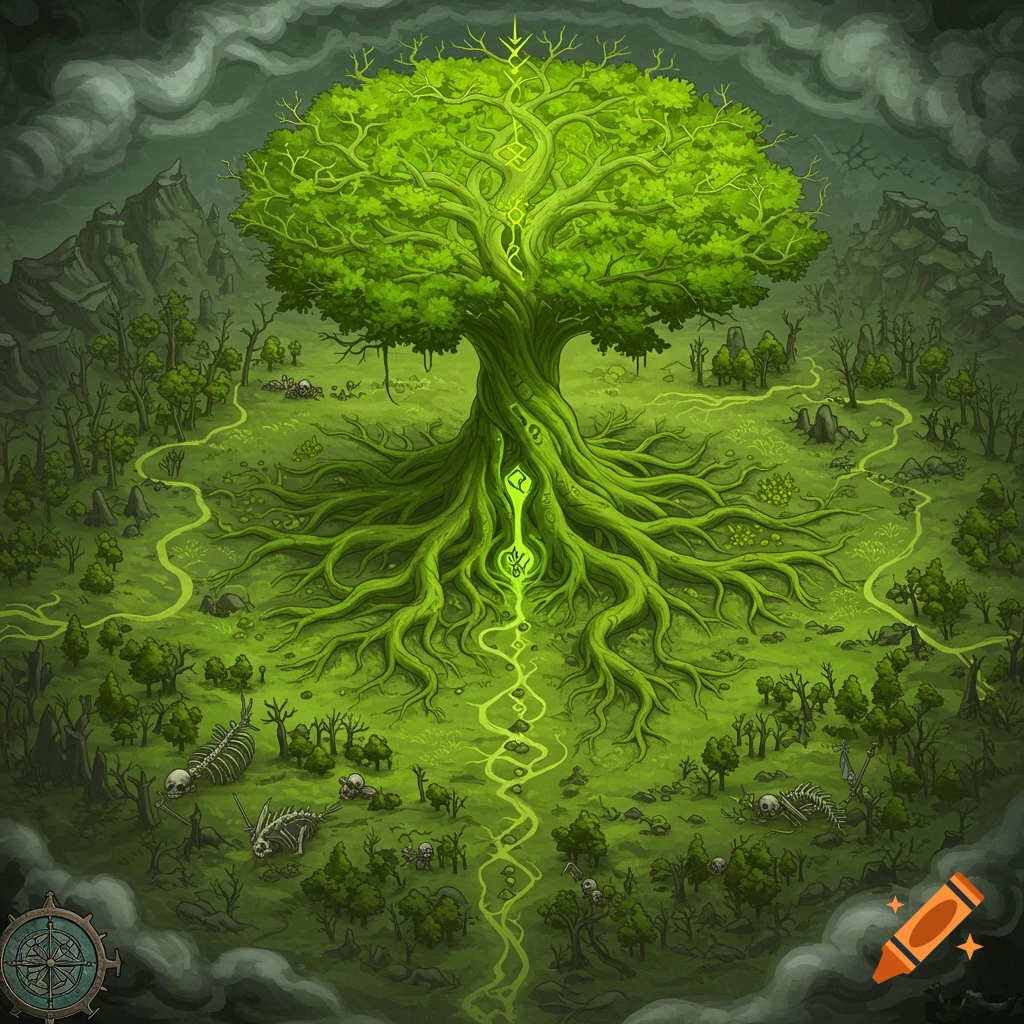 Overhead fantasy map of a glowing green tree and roots surrounded by corrupted land with ...