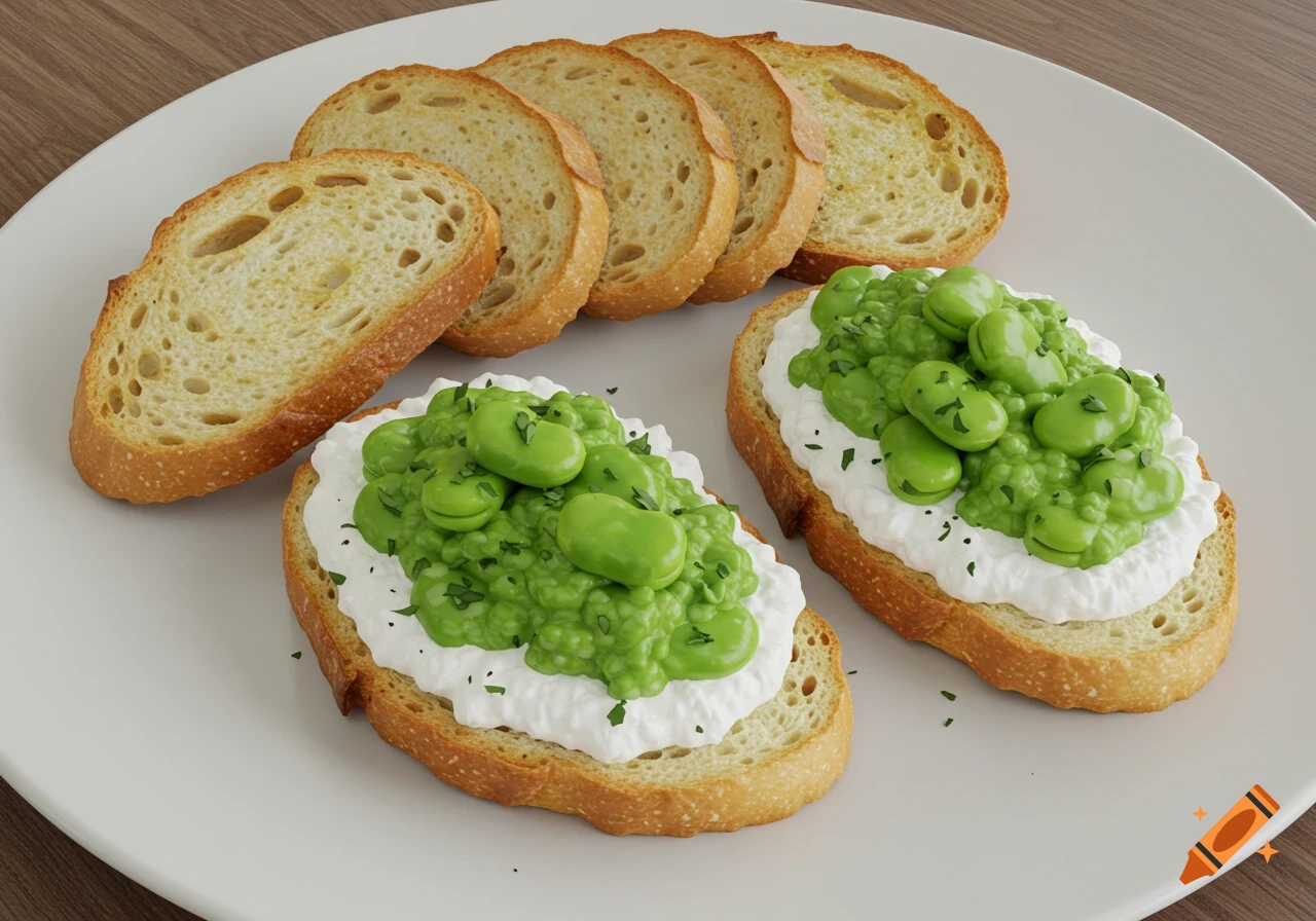 Close-up photo of baguette slices topped with whipped ricotta and ...