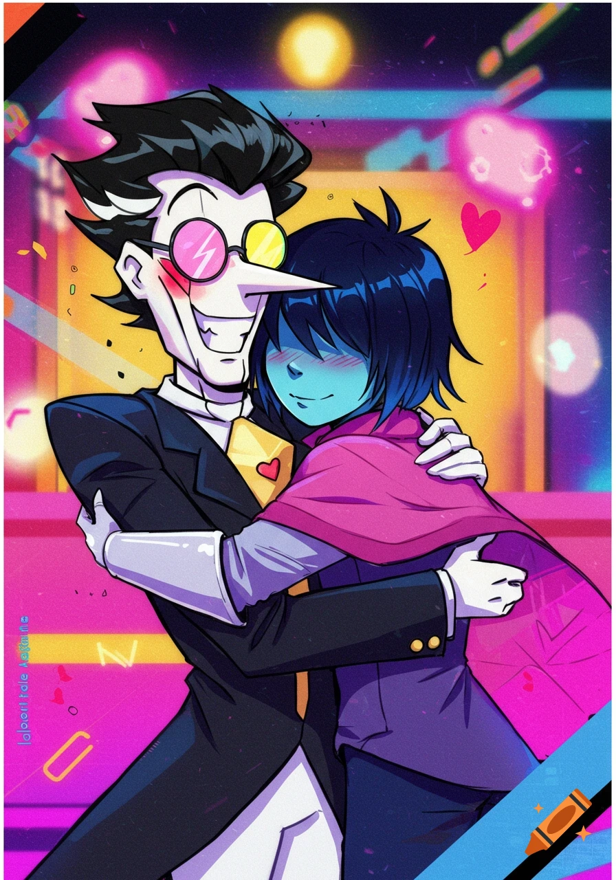 Spamton and Kris from Deltarune hug closely in a vibrant, stylized ...