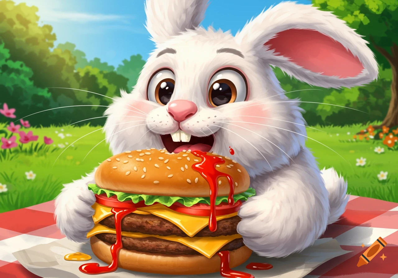 Cartoon bunny happily eating a large hamburger at a picnic table in a ...