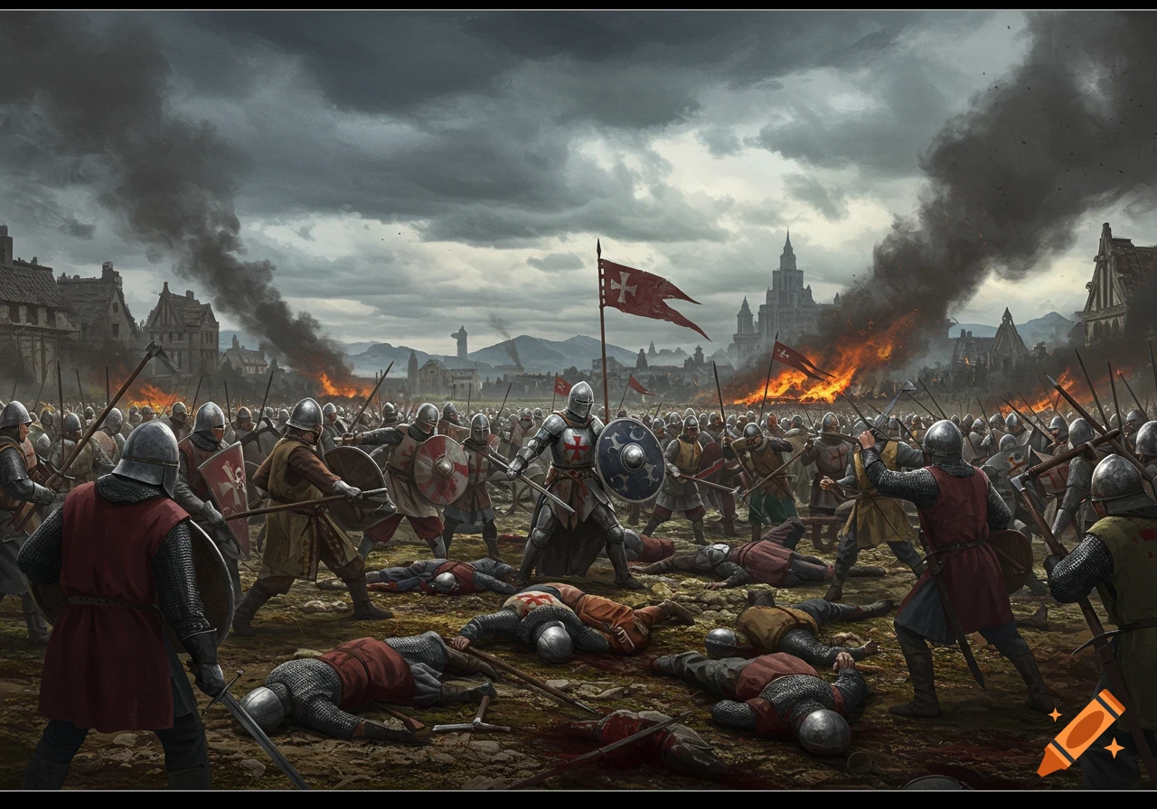 A chaotic medieval battle scene with soldiers fighting, fallen bodies ...