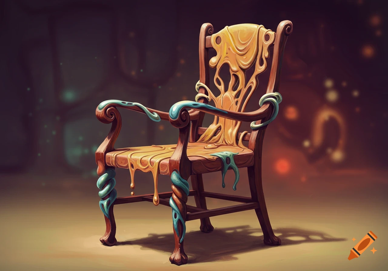 A surreal wooden chair covered in dripping yellow and blue goop. on Craiyon