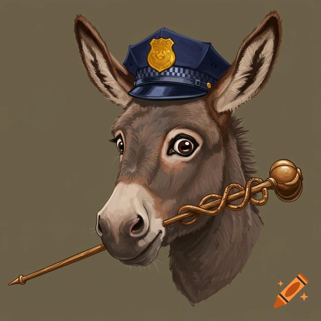 Illustration of a donkey head wearing a police hat and holding a ...