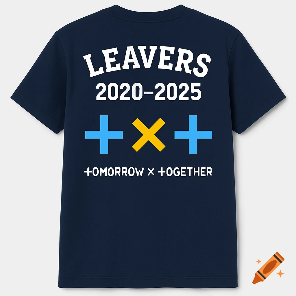 Dark blue t-shirt with 'LEAVERS 2020-2025' text, blue and yellow ...
