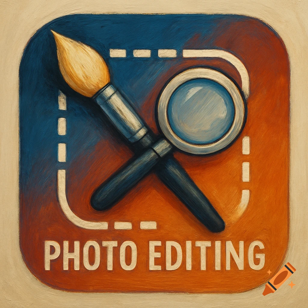 Photo editing logo with paintbrush and magnifying glass in a painted ...
