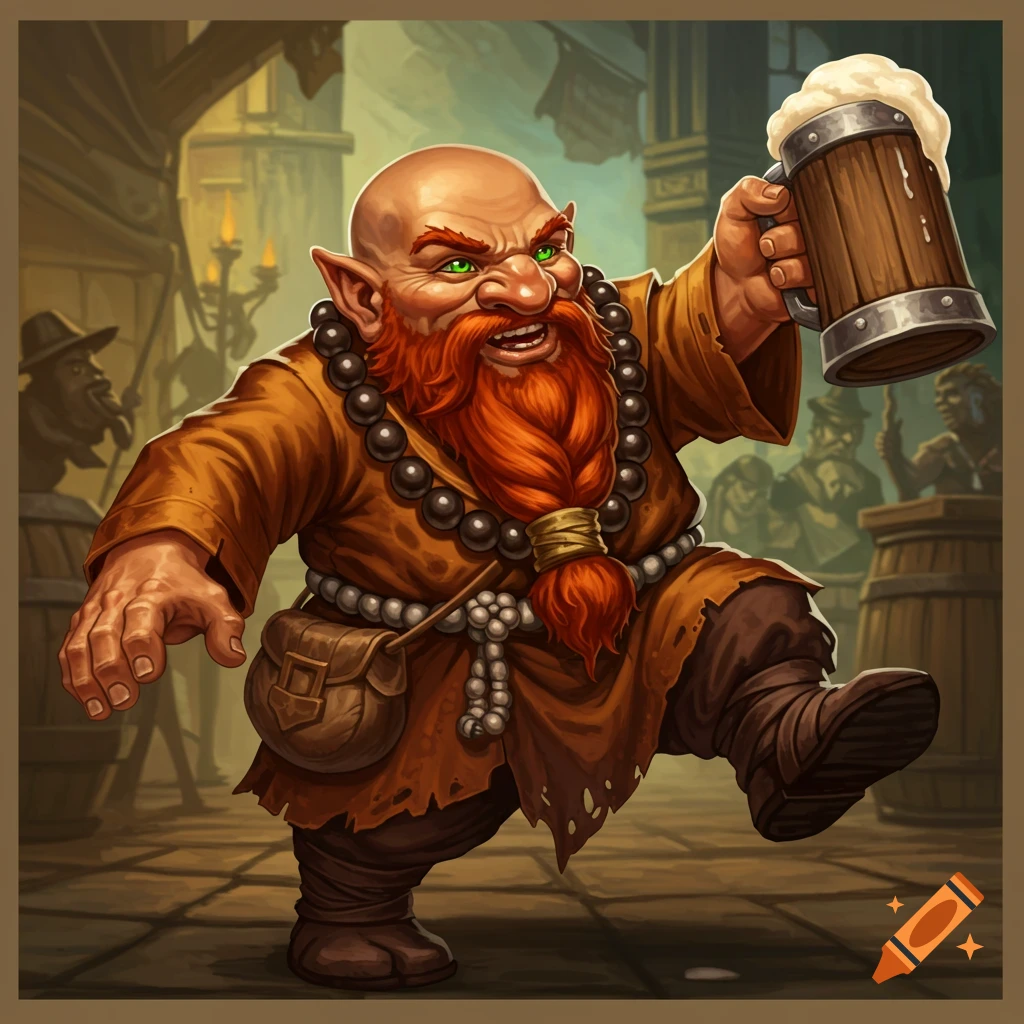 Illustration of a bald dwarf monk with a red beard raising a beer stein ...