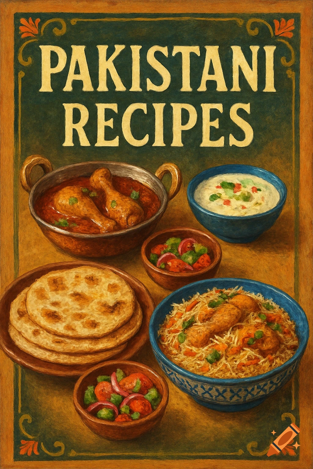 A vintage-style book cover with text 'Pakistani Recipes' above ...