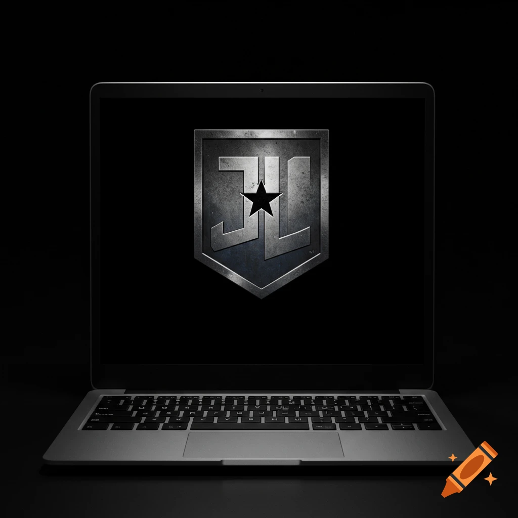 A laptop displays the Justice League logo on its screen. on Craiyon