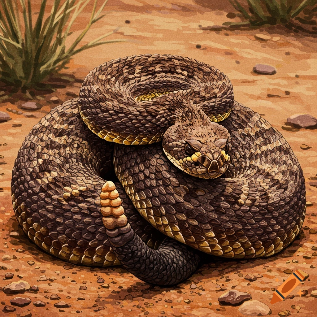 An illustration of a rattlesnake coiled in the desert. on Craiyon