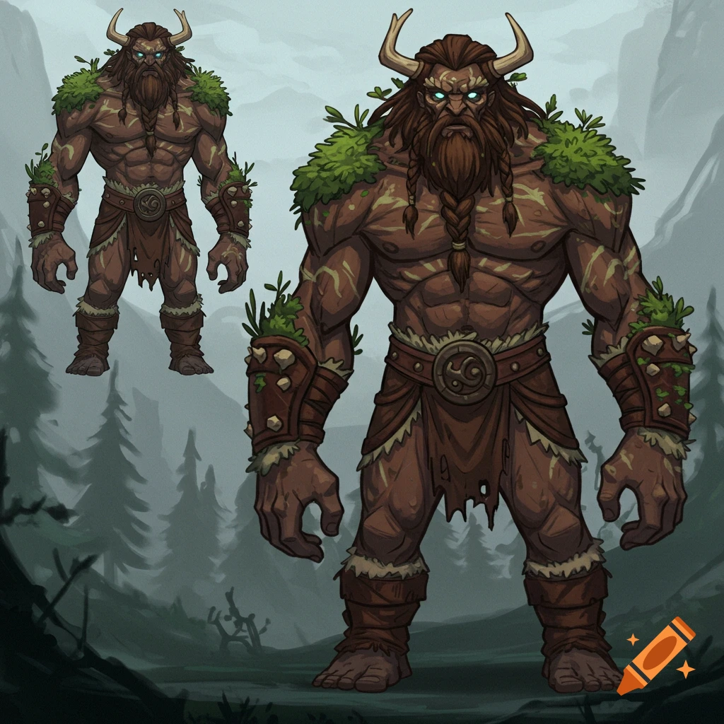 A nature-inspired fantasy giant character with glowing eyes and roots ...
