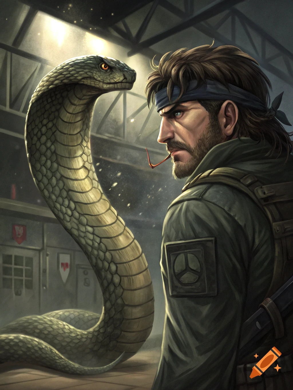 An illustration of a character resembling Solid Snake looking at a ...