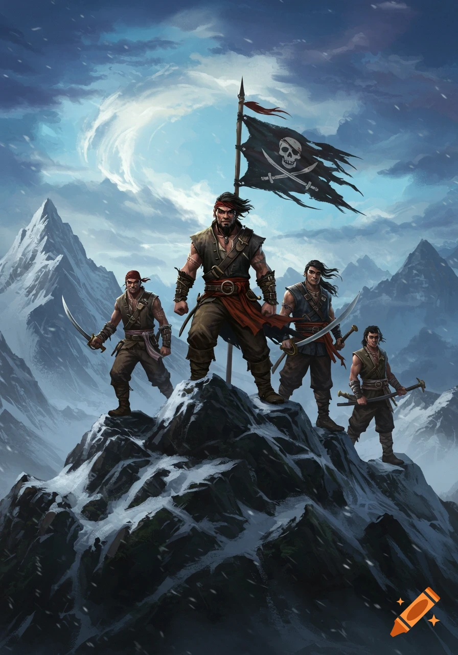 Four pirates stand on a snowy mountain peak under a stormy sky with a ...
