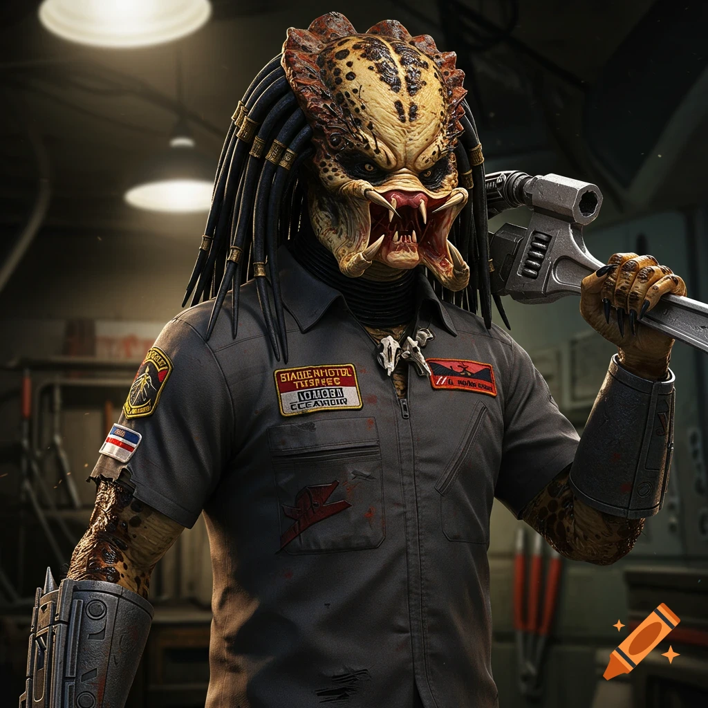 Predator alien wearing a mechanic shirt and holding a wrench. on Craiyon
