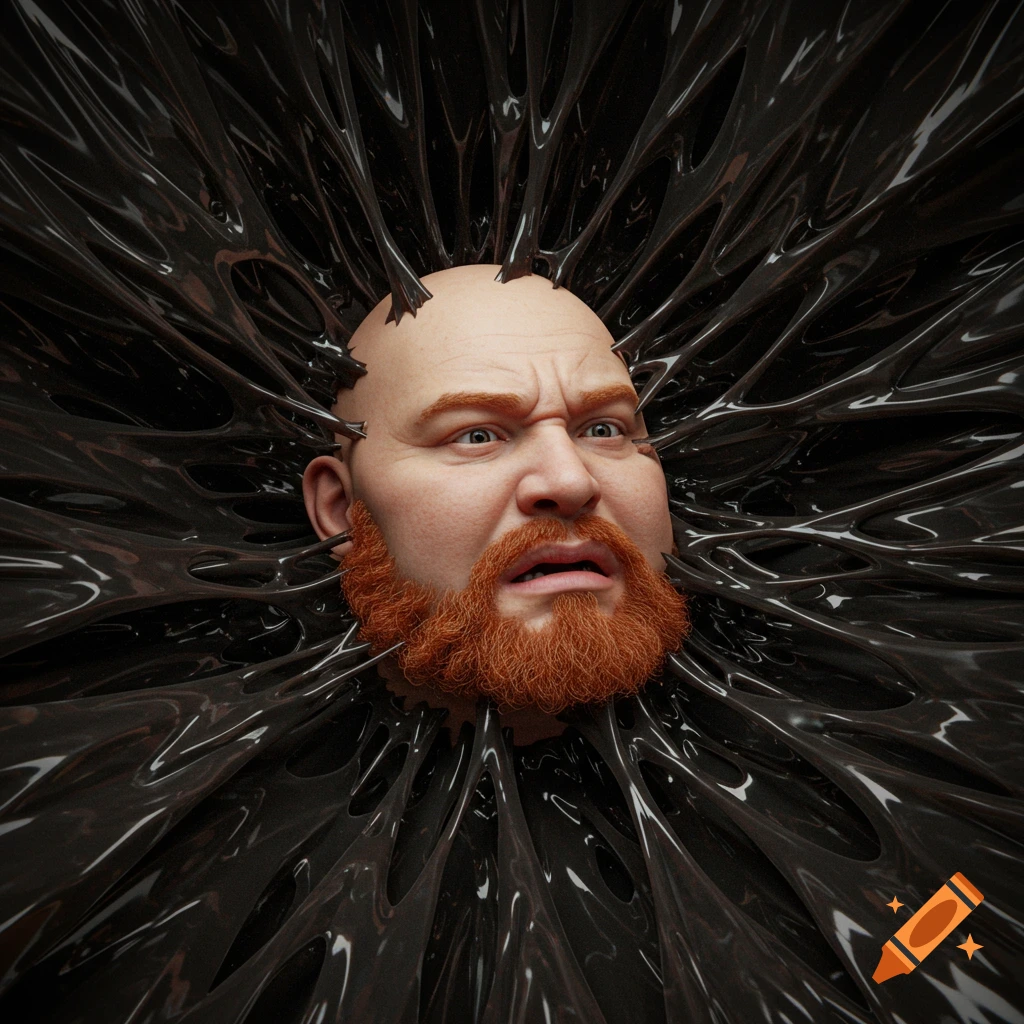 Bald man with red beard sinks into dark, viscous slime tendrils on Craiyon