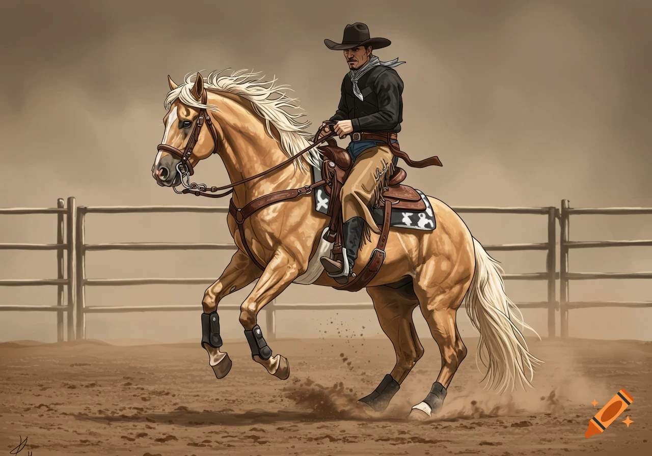 An illustrated depiction of a cowboy riding a palomino horse rearing up ...