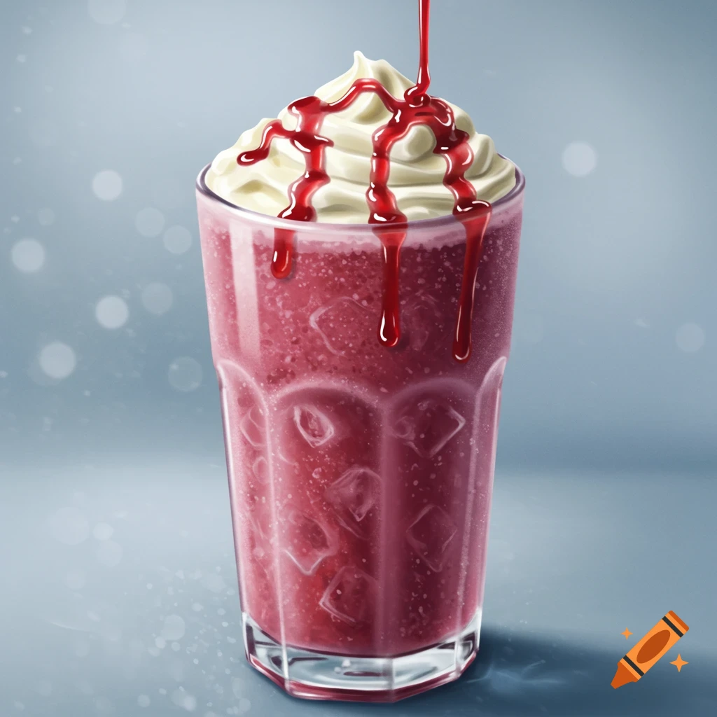 A red frozen drink with whipped cream and red syrup drizzle in a glass ...