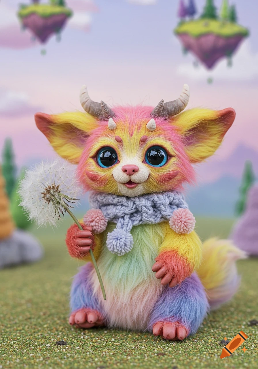 A cute, colorful furry creature with horns and big eyes sits holding a ...
