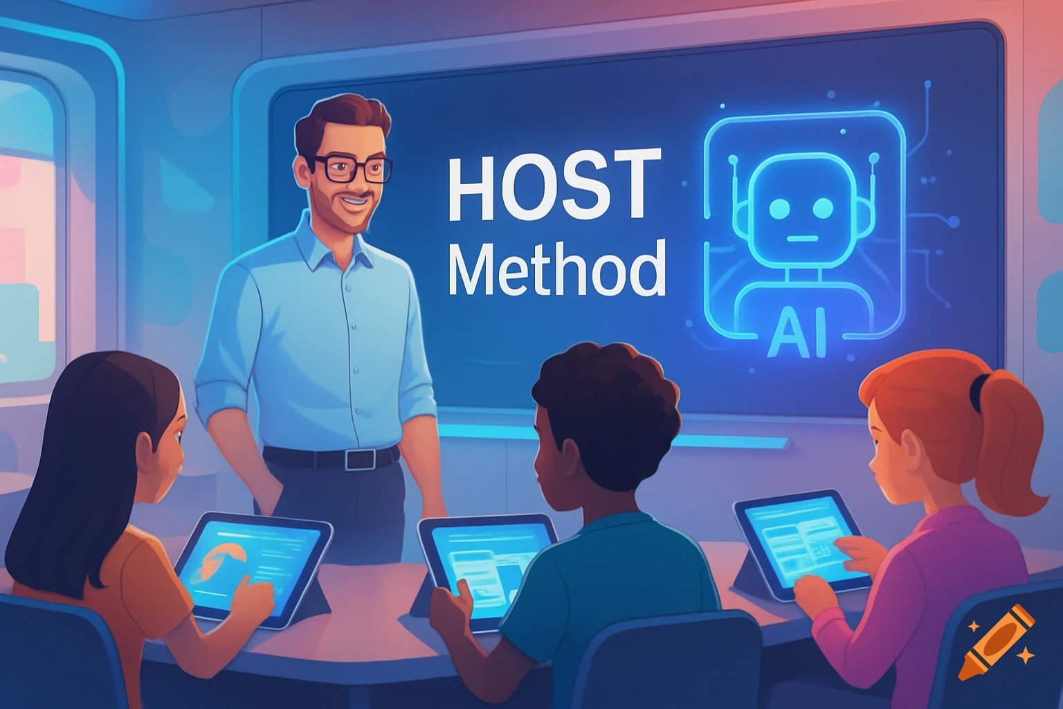 A teacher and students in a futuristic classroom with 'HOST Method' and ...