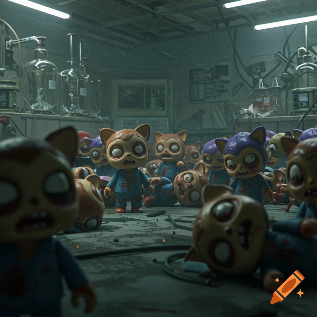 Stylized zombified toys with bloodstains stand and lie on the floor of ...