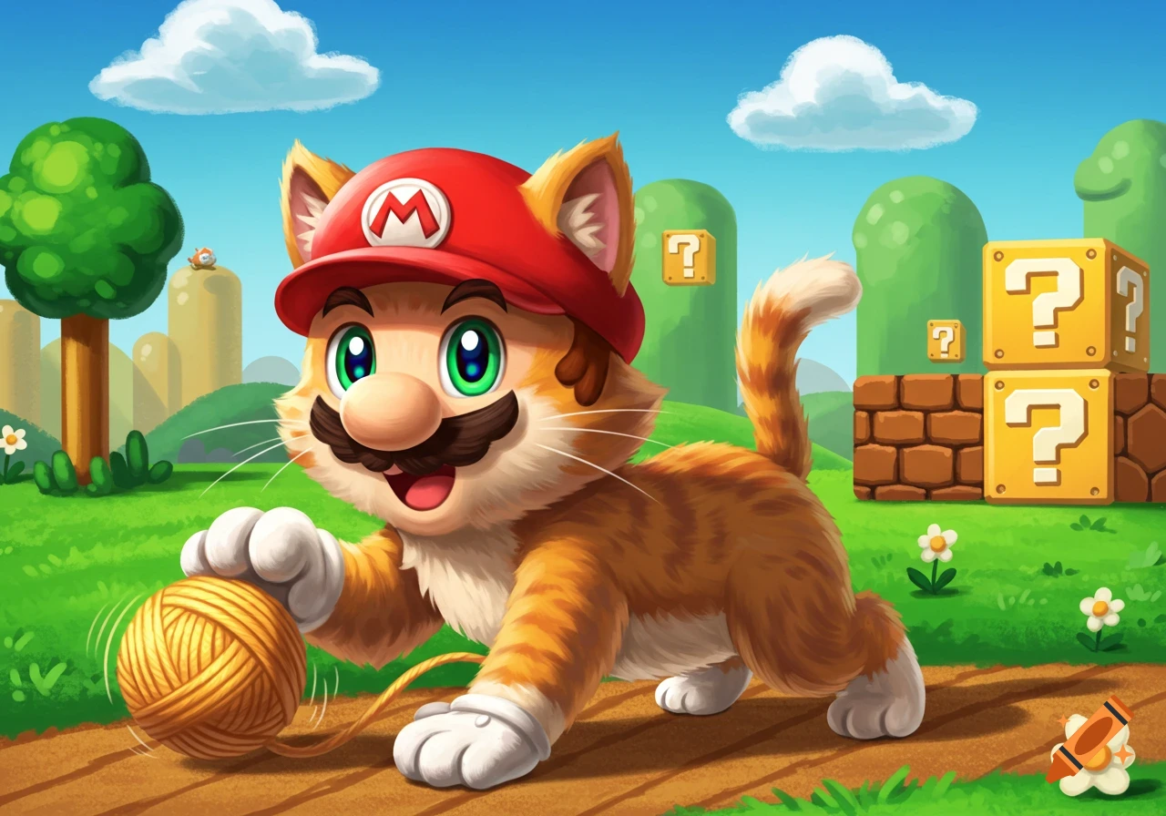 An orange tabby cat dressed as Mario plays with yarn in a cartoon Super ...