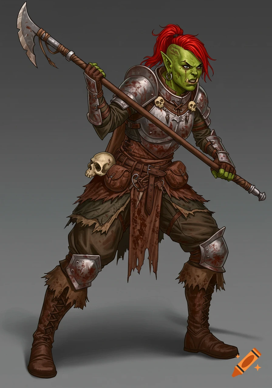 Illustration of a female half-orc fighter in dirty armor holding a glaive in an action pose. on ...