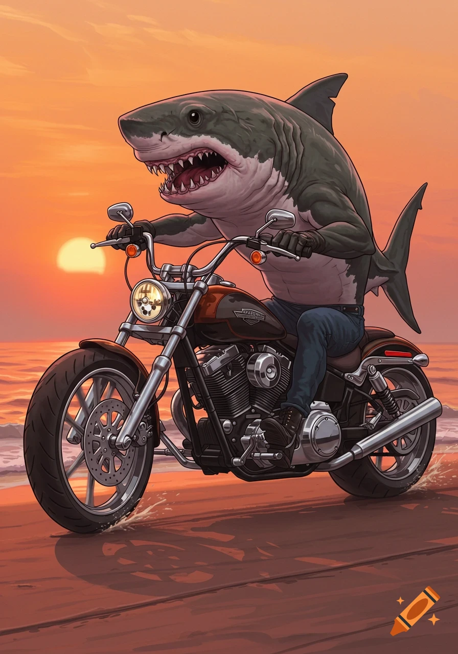 A cartoon illustration of a shark wearing jeans riding a motorcycle on ...