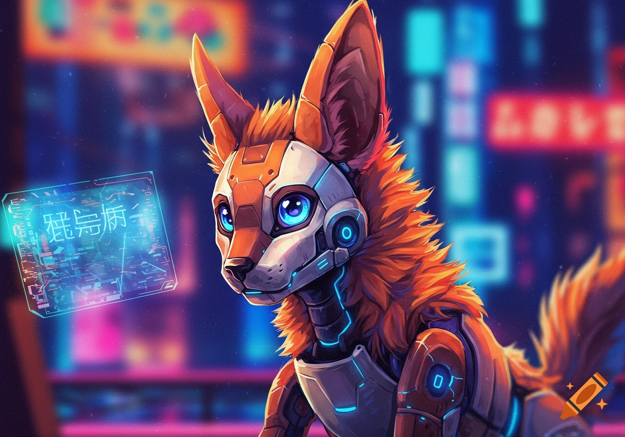 Close-up of a Protogen robot fox in a cyberpunk city with a holographic ...