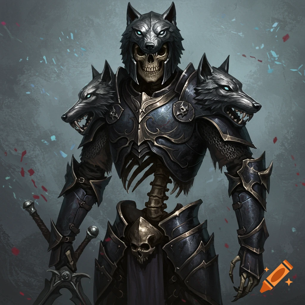 A skeletal warrior wears ornate dark armor with wolf heads and holds a ...