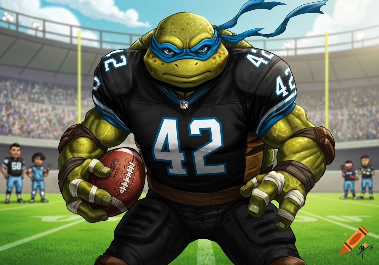 Leonardo from TMNT in a black football uniform holding a football in a ...