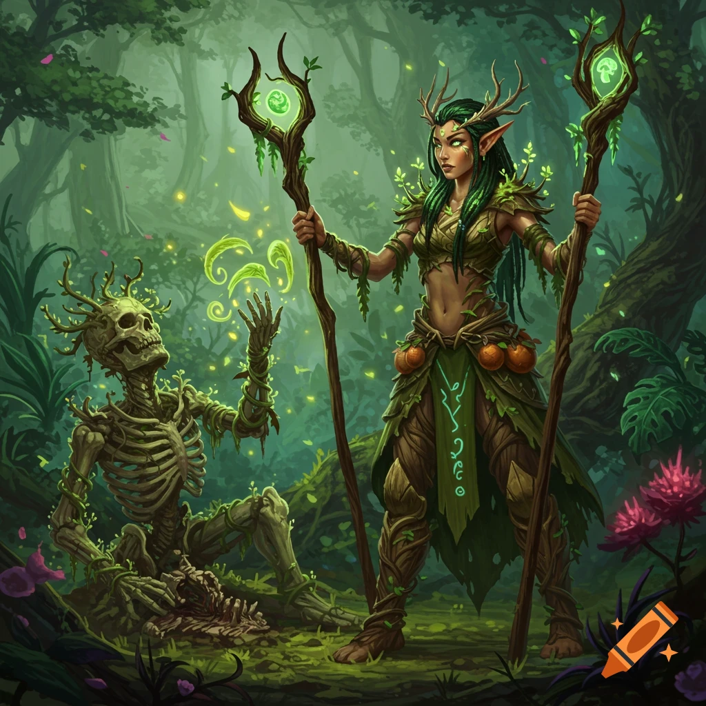 Fantasy illustration of a female druid and a skeleton reanimated with ...