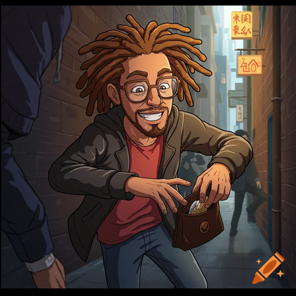 Cartoon man with dreadlocks and glasses in an alley pulling items from ...