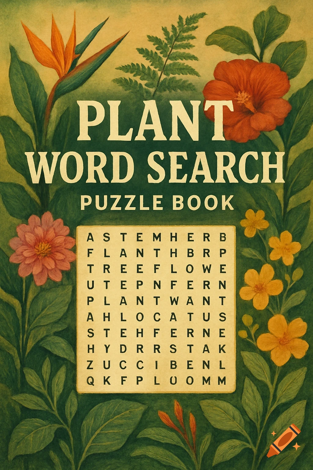 A vintage-style illustration of a book cover for a plant word search ...
