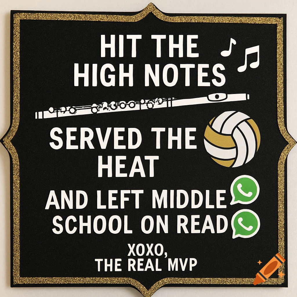 Black graduation cap design with white text 'Hit the High Notes, Served ...