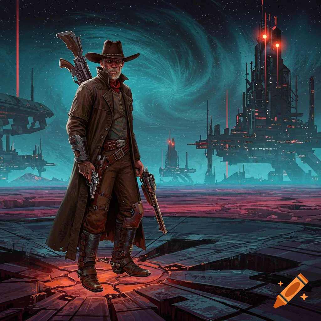 A space cowboy stands with guns in a sci-fi landscape with large ...