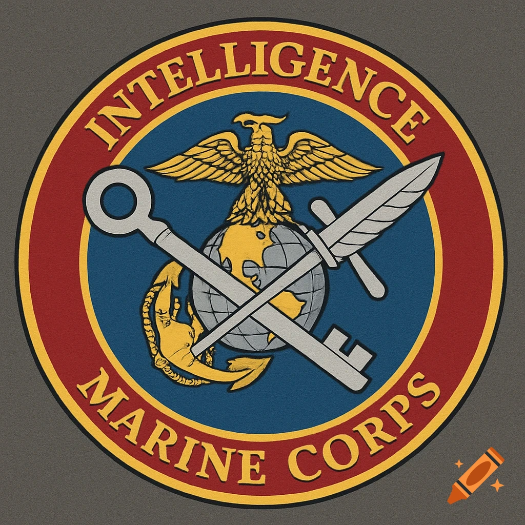 A circular logo for Marine Corps intelligence featuring an eagle, globe ...