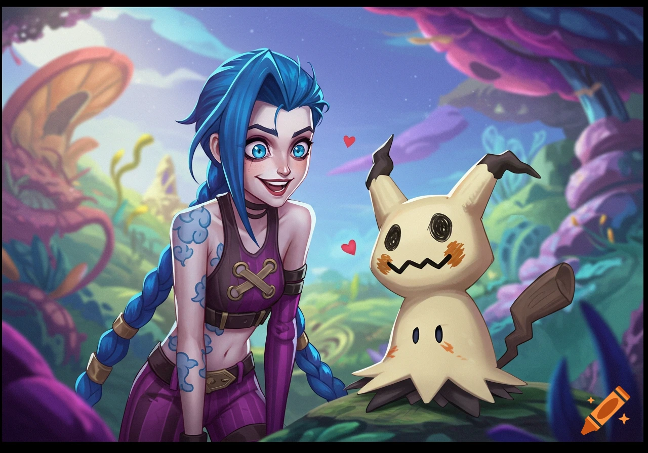 Jinx and Mimikyu smile at each other in a vibrant fantasy landscape ...