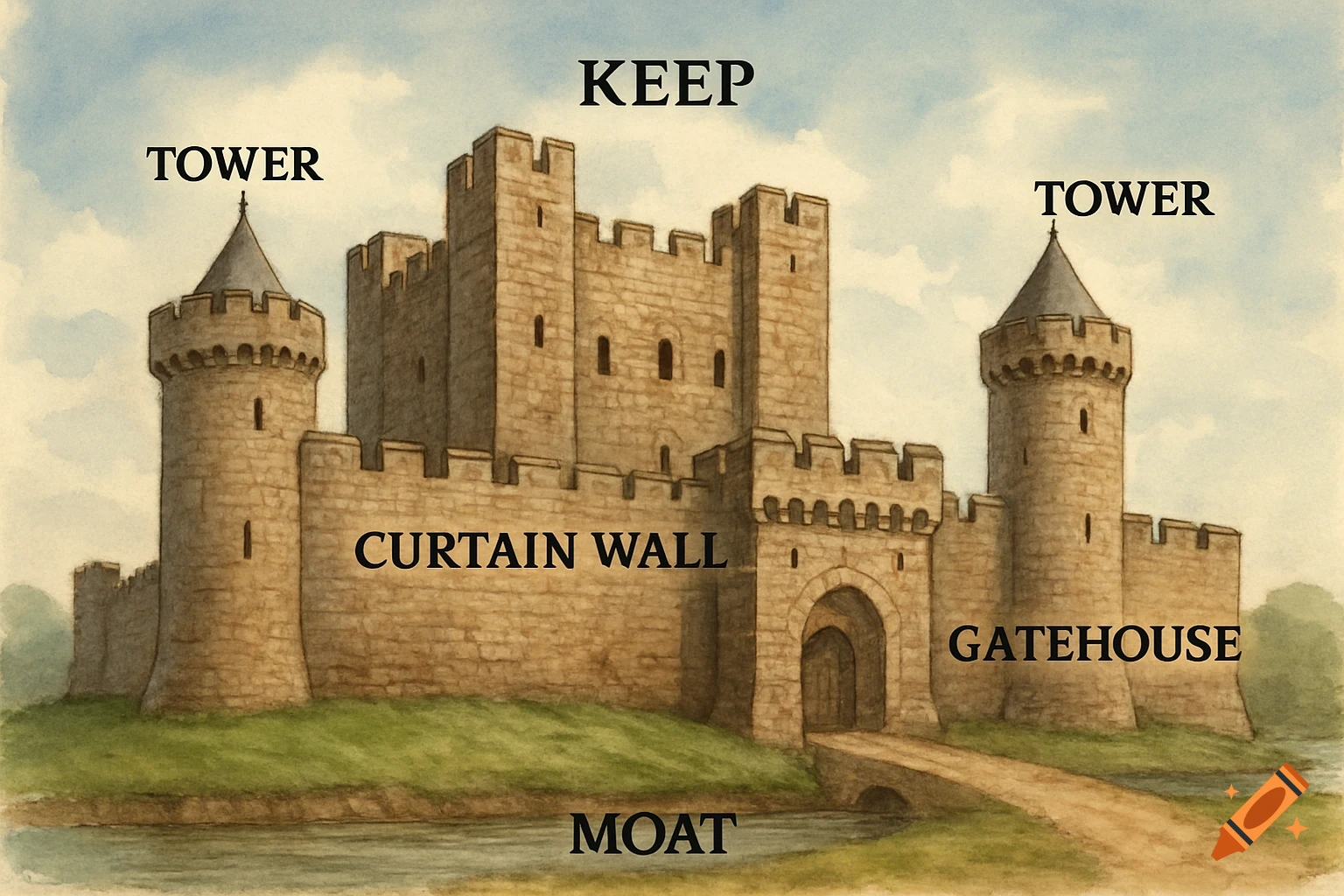 Diagram of a medieval castle with labels for its parts: keep, towers ...