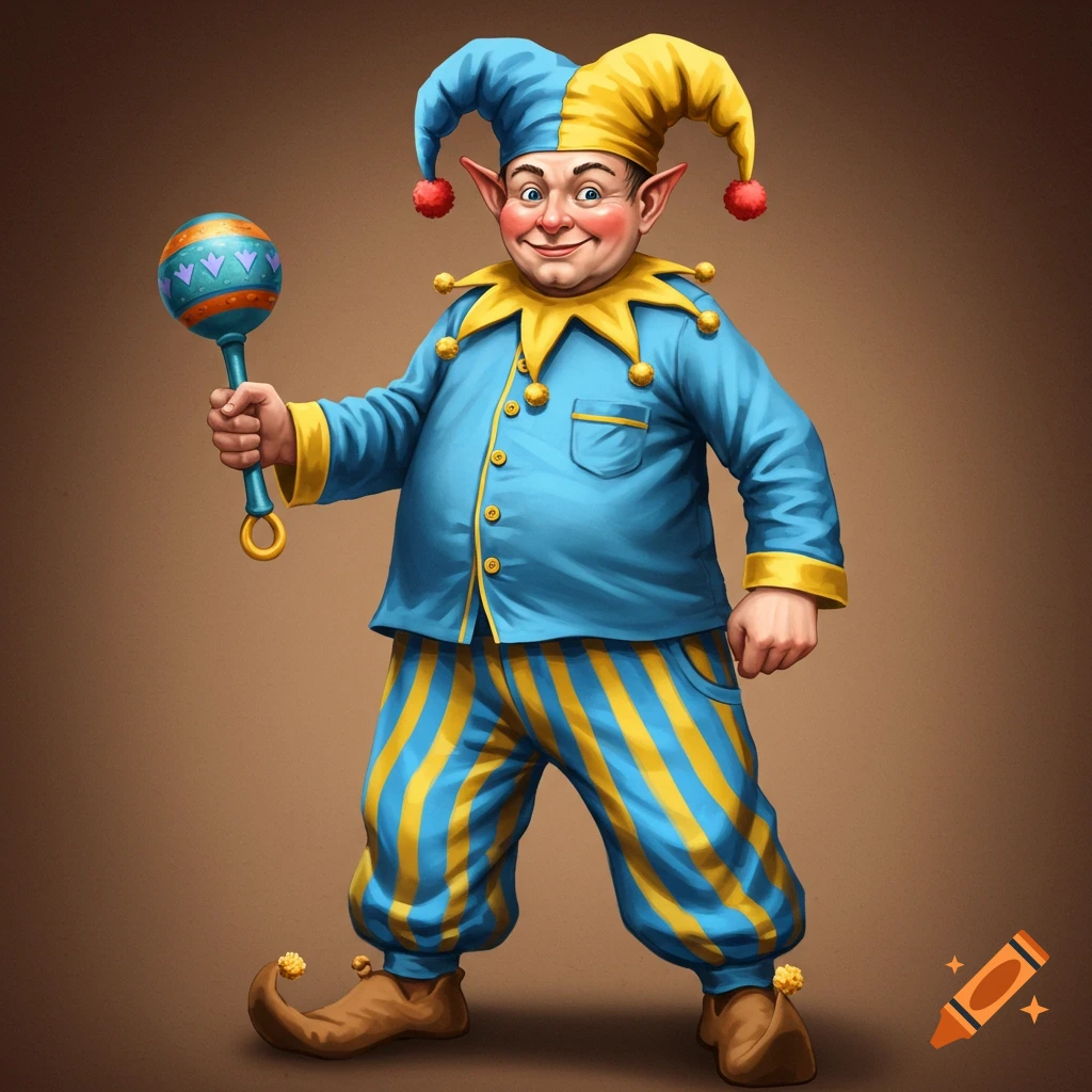 A cartoon jester in blue and yellow pajamas holds a maraca. on Craiyon