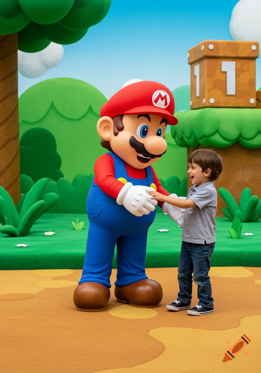 A child shaking hands with a Super Mario character costume in a cartoon ...