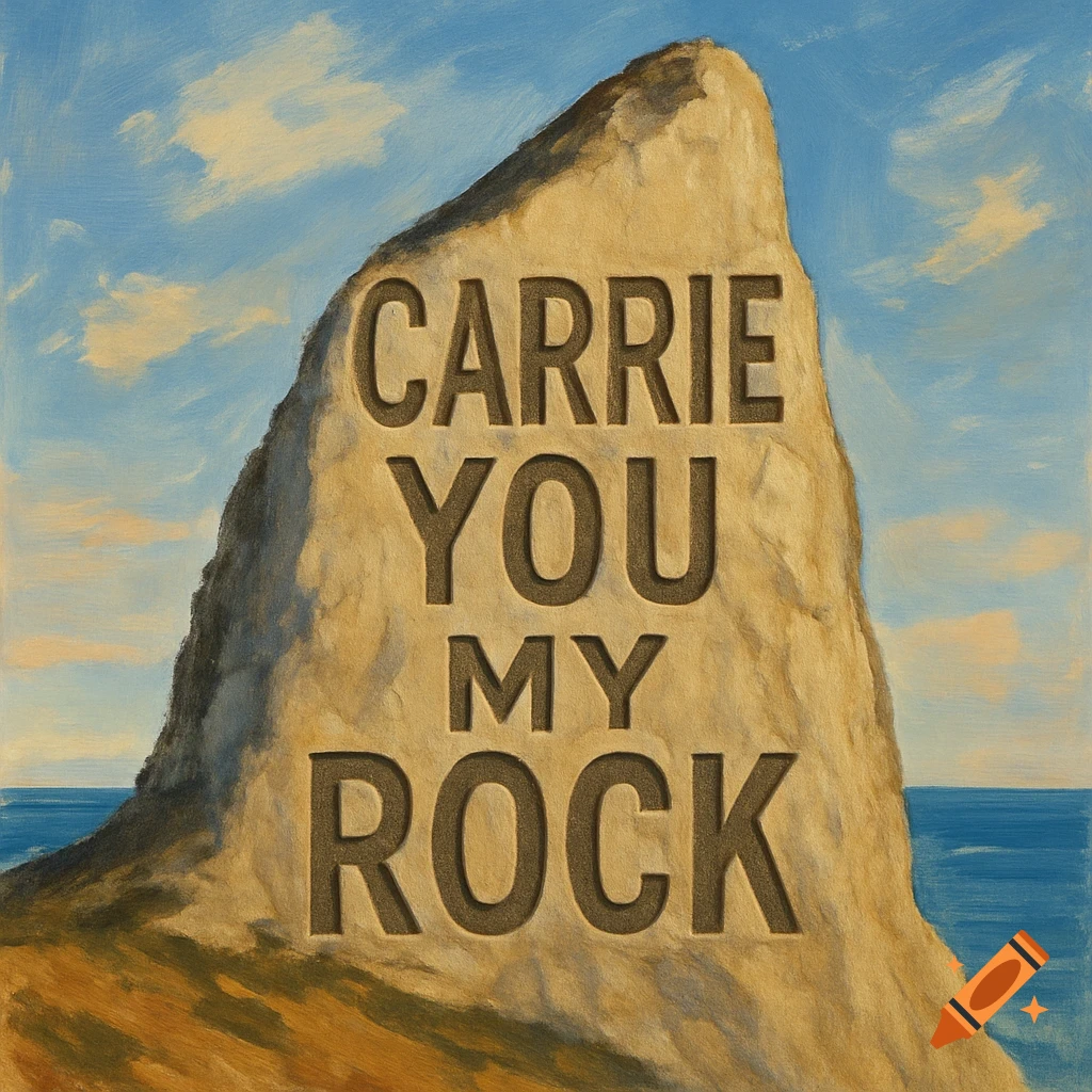 A large rock with the words CARRIE YOU MY ROCK carved into it, by the ...