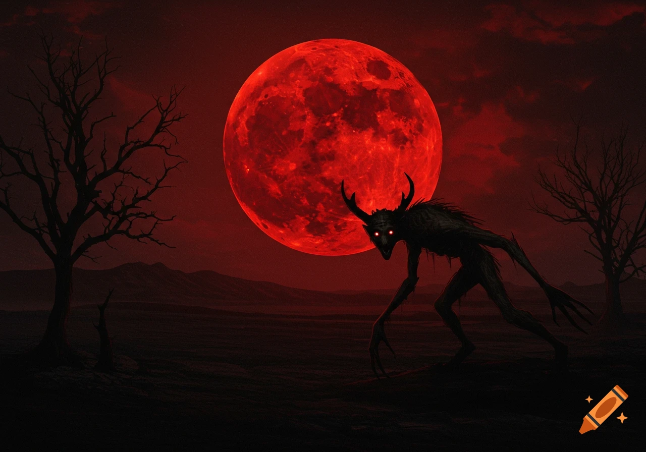 Dark fantasy image of a skeletal creature under a blood moon in a ...