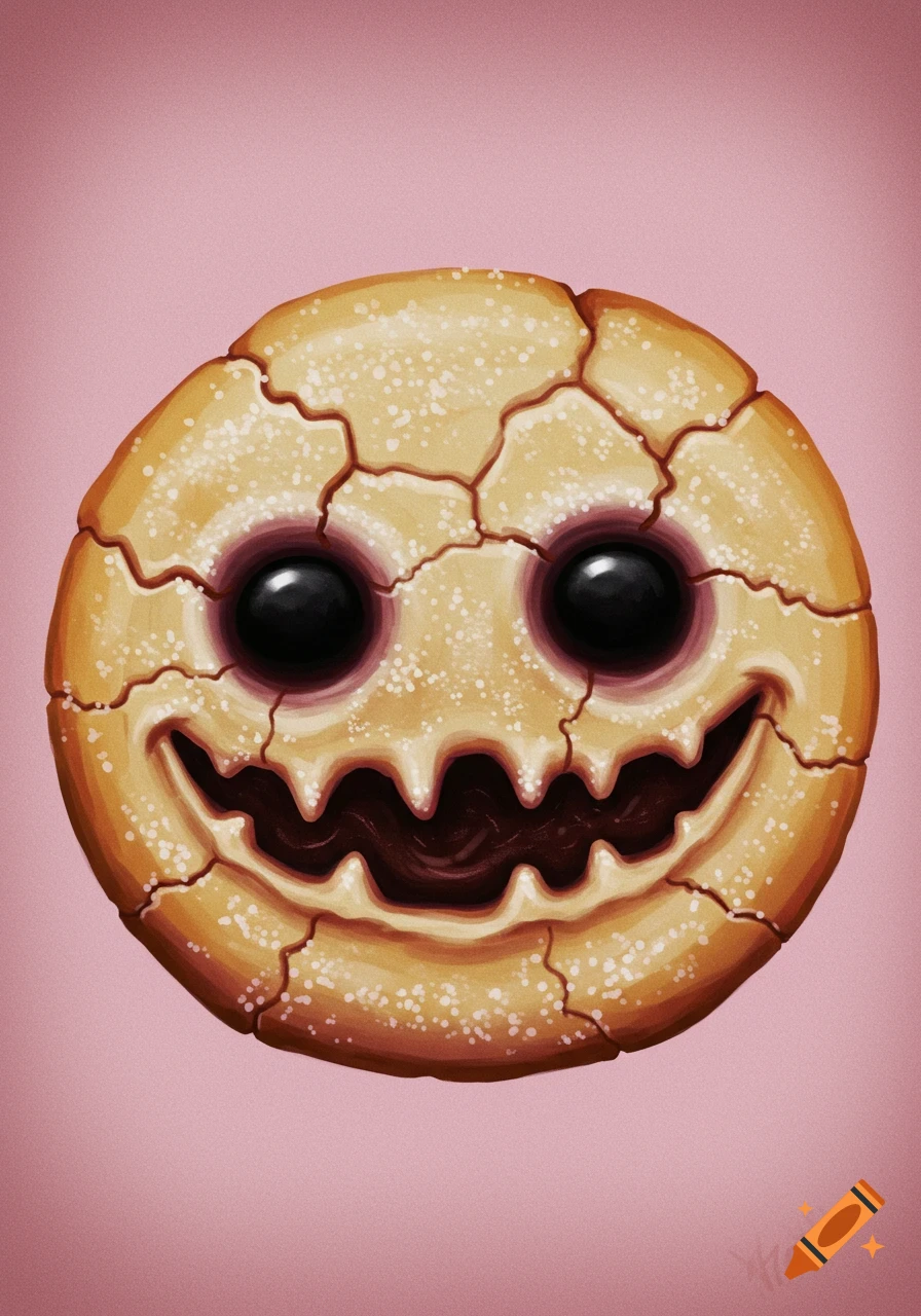 Illustration of a scary sugar cookie with black eyes and a jagged mouth ...