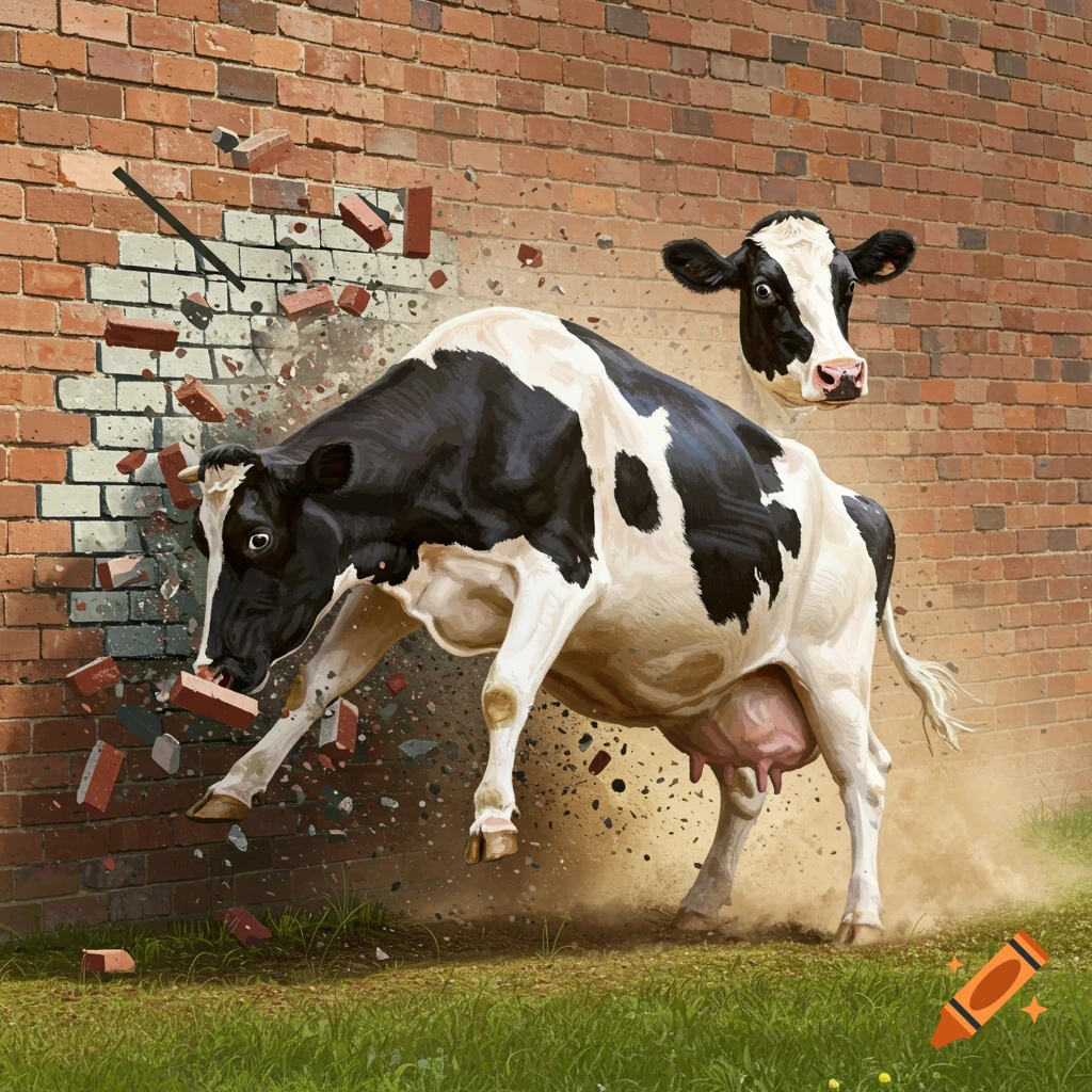 A black and white cow runs headfirst into a brick wall, making bricks ...