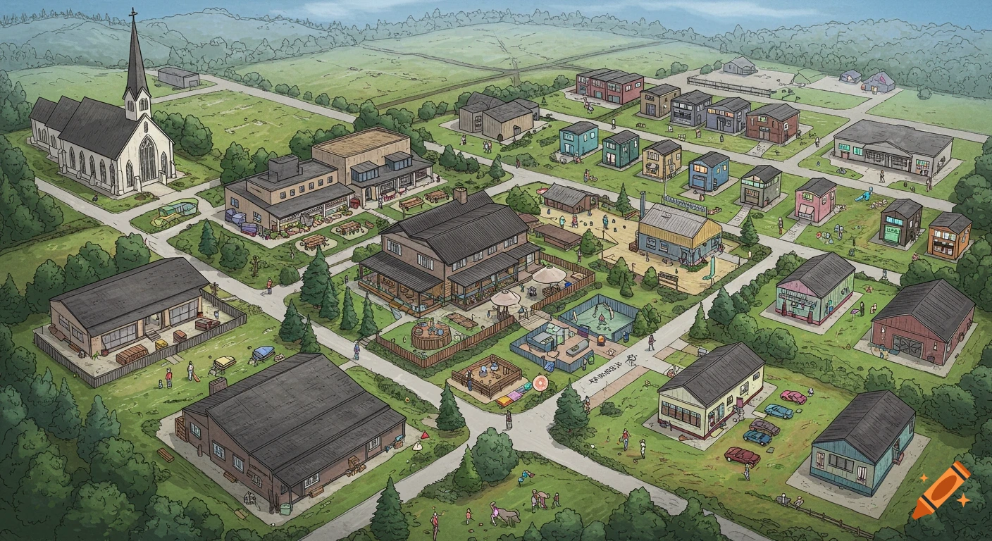 Aerial illustrated view of a small town community with church, houses ...