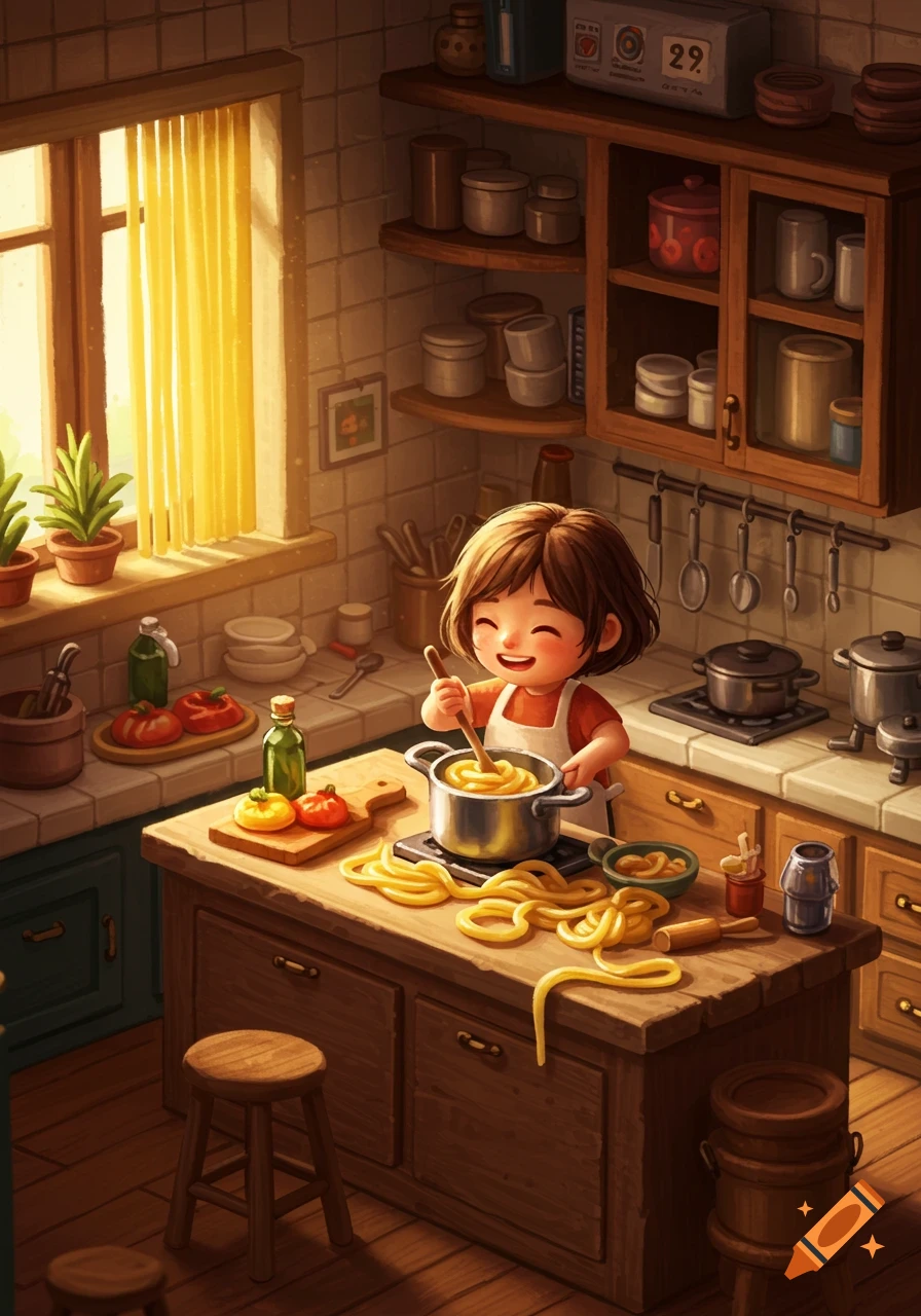 A young girl happily cooks pasta in a pot in a sunlit, rustic kitchen ...
