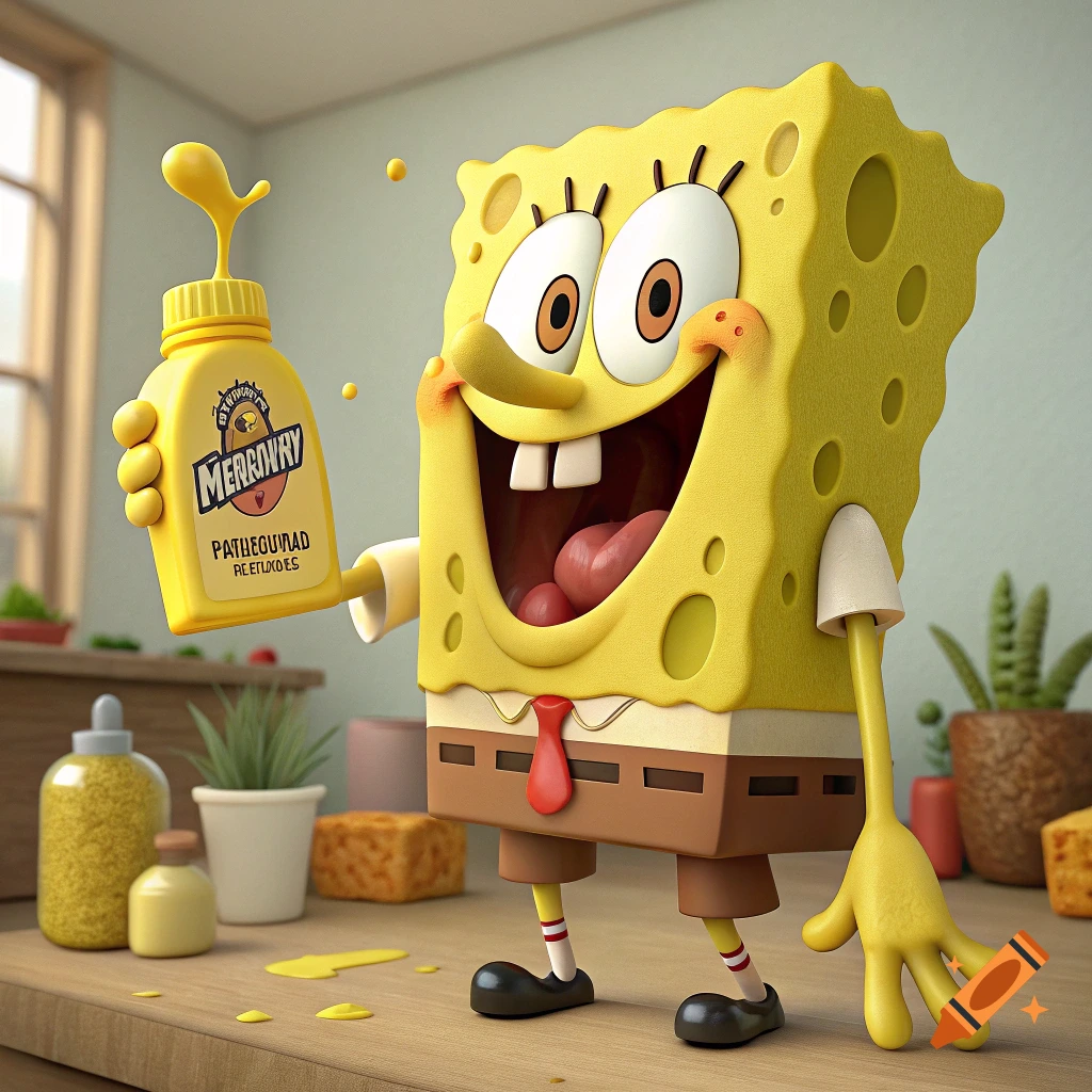3D illustration of Spongebob smiling and holding a mustard bottle in a ...