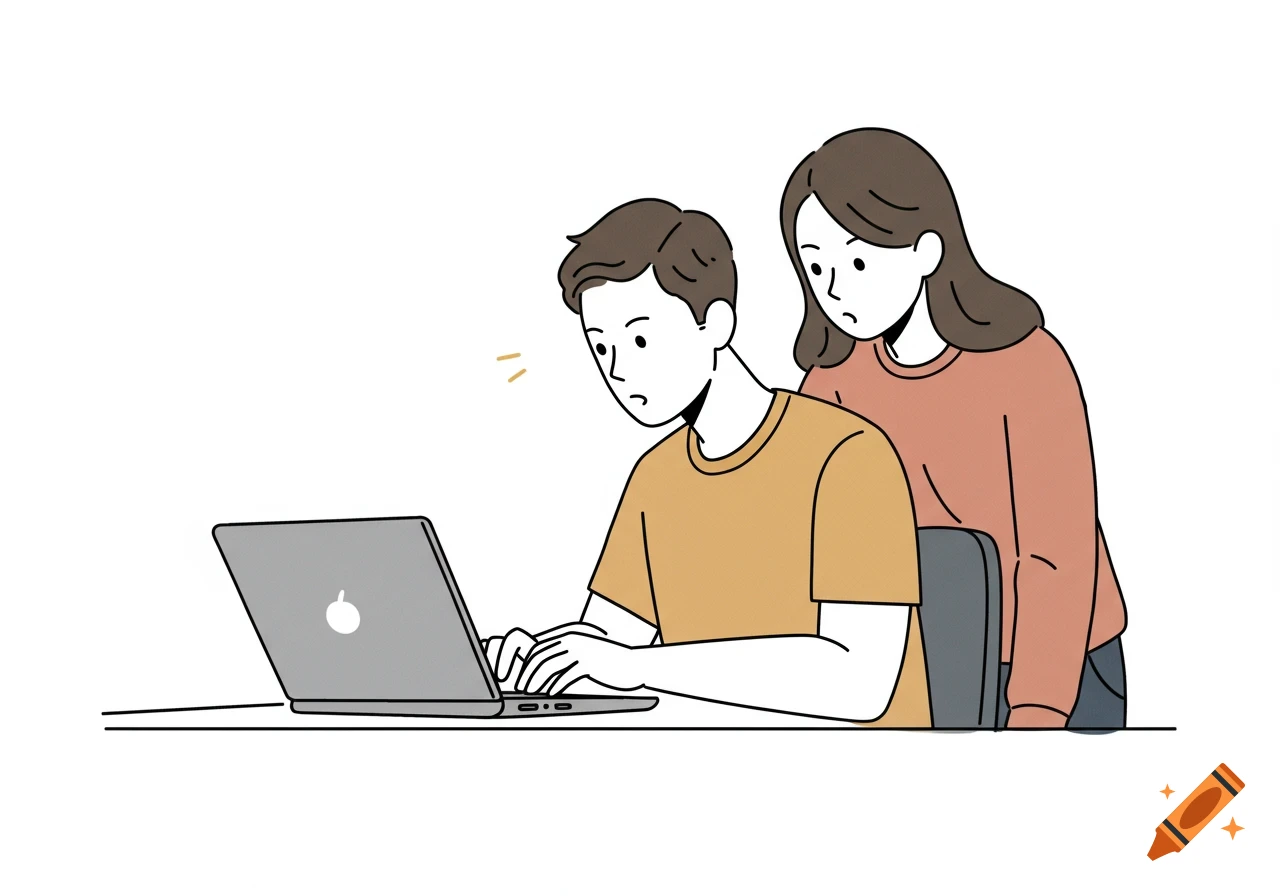 Simple illustration of a man typing on a laptop while a woman looks ...