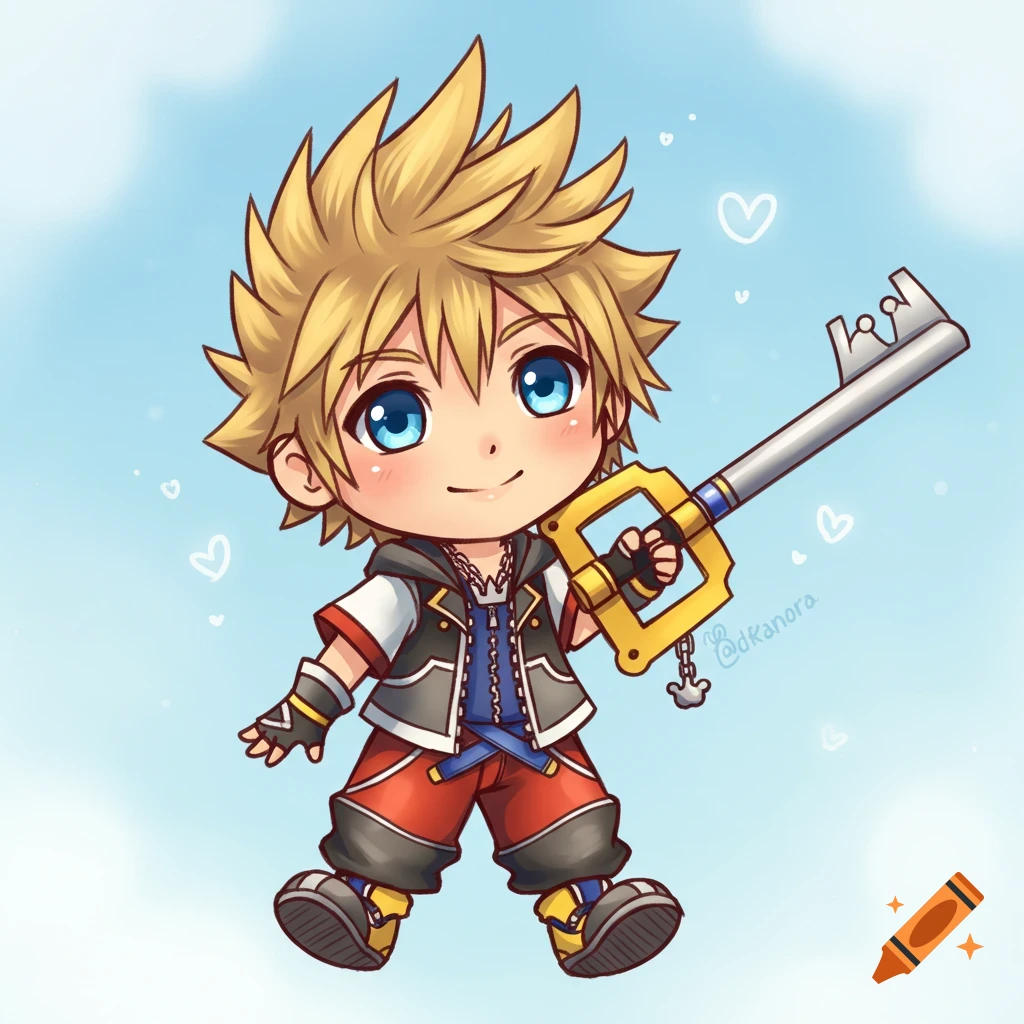 Chibi Roxas from Kingdom Hearts holding a keyblade, floating against a ...